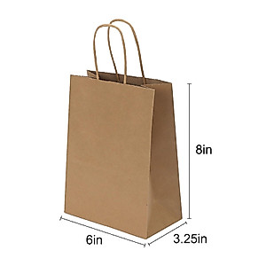 Joybe 100 Pack 6x3.25x8 Inch Small Brown Paper Bags with Handles Bulk, Kraft Paper Gift Bags for Birthday Party Favors Grocery Retail Shopping Business Goody Craft Sacks (Blank Plain Natural, 100pcs)