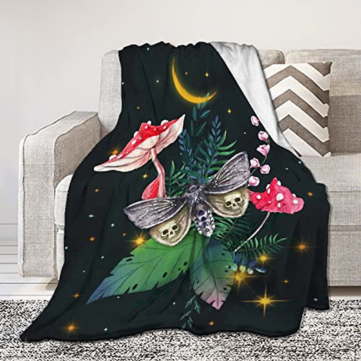 Mushroom Moth Blanket Super Soft Fleece Throw Blankets 40x50 Inches Comfy Summer Flannel Travel Camping Blankets Gift for Women Men Decor Bedroom Sofa Chair