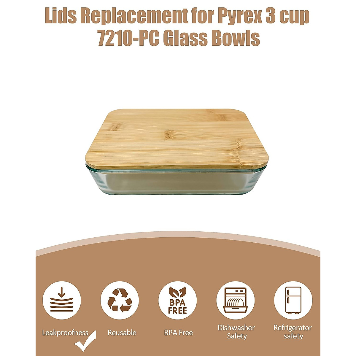 Wooden Food Storage Lids for Pyrex 7210-PC 3-Cup Rectangular Storage Cover Lids Replacement for Pyrex Container 7210-PC Glass Bowls -2 Pack (Container not Included)