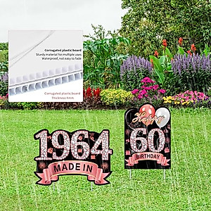 2Pcs Rose Gold 60th Birthday Yard Sign Decoration with String Lights for Women,Happy 60th Birthday Made in 1964 Lawn Sign Party Supplies, Sixty Year Old Birthday with Lights Yard Decor with Stakes