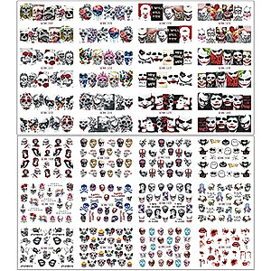 24 Sheets Halloween Water Transfer Nail Art Stickers Decals Punk Skull Grimace Eye Spider Clown Nail Foil Transfer Stickers Designs Holiday Halloween Nail Stickers for Women Girls Nail Art Decoration