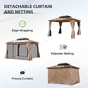 RITSU 10'x12' Gazebo, Hardtop Permanent Outdoor Gazebo with Polycarbonate Double Roof, Aluminum Canopy Pavilion with Curtain and Net for Garden, Patio, Lawns, Deck, Backyard