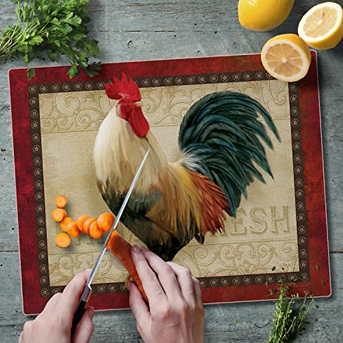 CounterArt Farm Fresh Rooster 3mm Heat Tolerant Tempered Glass Cutting Board 15” x 12” Manufactured in the USA Dishwasher Safe
