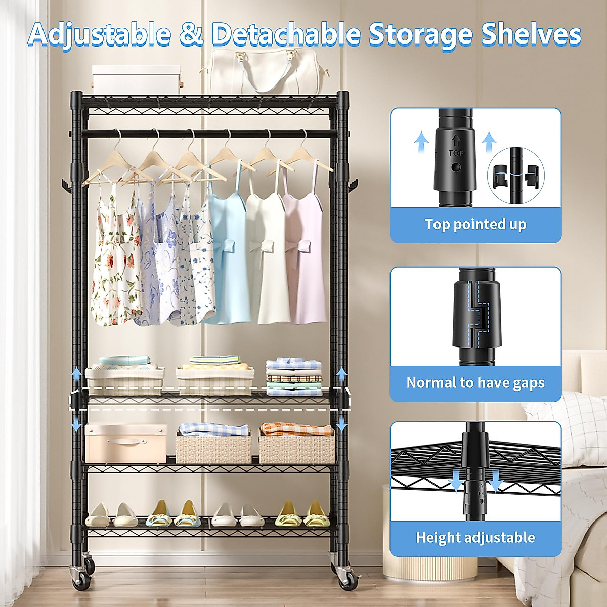 HEMTEN K3 Clothes Rack Heavy Duty Clothing Rack with 8 Shelves 4 Hang Rods, Adjustable Freestanding Metal Clothing Rack for Hanging Clothes, Portable Wardrobe Closet 14"W x 74"L x 74.8"H, Load 970LBS