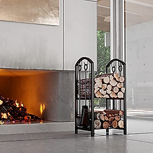 Fire Beauty Fireplace Firewood Log Rack 5-Piece Storage Logs Holder with Tools Set with 4 Tools Set Fireside Holders Wood Lumber Storage Stacking Black