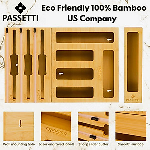 PASSETTI Bamboo Drawer Organizer for Storage Bag, Foil and plastic Wrap Organizer with Sharp Cutter, Storage Compatible with Gallon, Quart, Sandwich, Snack Bags and 12" Aluminum Foil & Wax Paper