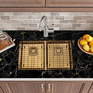 Strictly Sinks 32 Inch Undermount Kitchen Sink - 16 Guage 50/50 Double Bowl Kitchen Sink - Stain & Rust Resistant Gold Kitchen Sink with Bottom Grid, 1 Disposal Adapter & 2 Strainer Drains