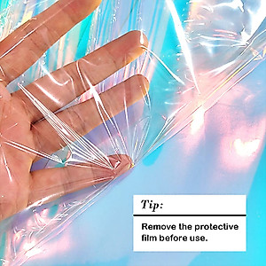 12x53 Inch Iridescent Blue PVC Vinyl Holographic Clear Synthetic Fabric Transparent Laser Rainbow for DIY Patchwork Bags Bows Jewlery Making (XHT-299-L)