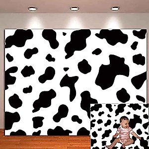 HQM 8x6FT Soft Fabric/Polyester Cow Party Photography Backdrops Black and White Farm Animal Happy Birthday Photo Background Kid's Newborn Baby Shower Banner Props, 8x6ft(240X180CM）
