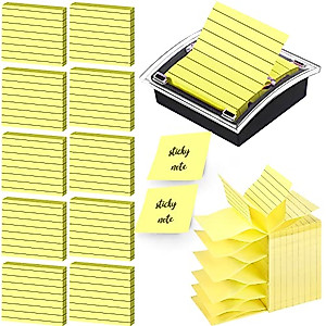 10 Pads Lined Post Notes with Pop up Sticky Note Dispenser Holder 3x3 Inch Clear Top Black Base, Self Stick Notes with Lines Adhesive Ruled Memo Pads Refills, 100 Sheets/pad