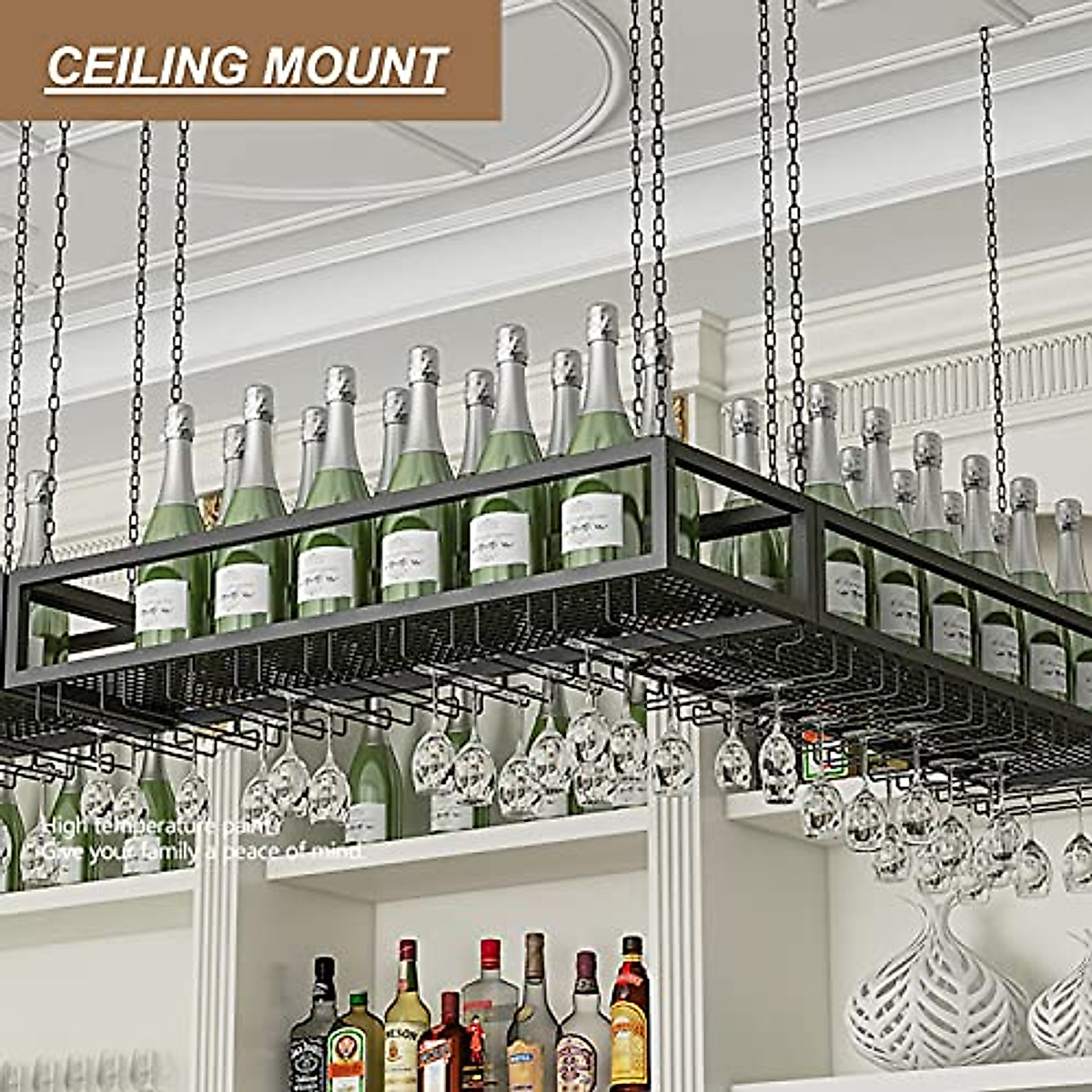 Black Ceiling Hanging Wine Rack ，Home Bar Iron Wine Bottle Storage Holder Kitchen Wall Mounted Stemware Glasses Metal Shelf Floating Organizer Shelves (Size : 100x25x20cm)