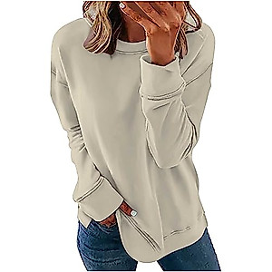 Comigeewa Womens Tops 2023 Tredny,Sudadera de entrenamiento para mujer, manga larga, informal, con capucha, cuello redondo, cómodo, pulóver,salón holgada,1-Beige,Large