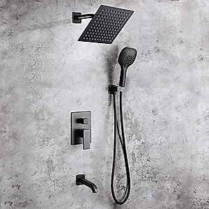 POP SANITARYWARE Matte Black Shower Faucet Set with Tub Spout Bathroom Rainfall 8 Inch Shower Head System with Handheld Single Handle Shower Trim Kit with Valve