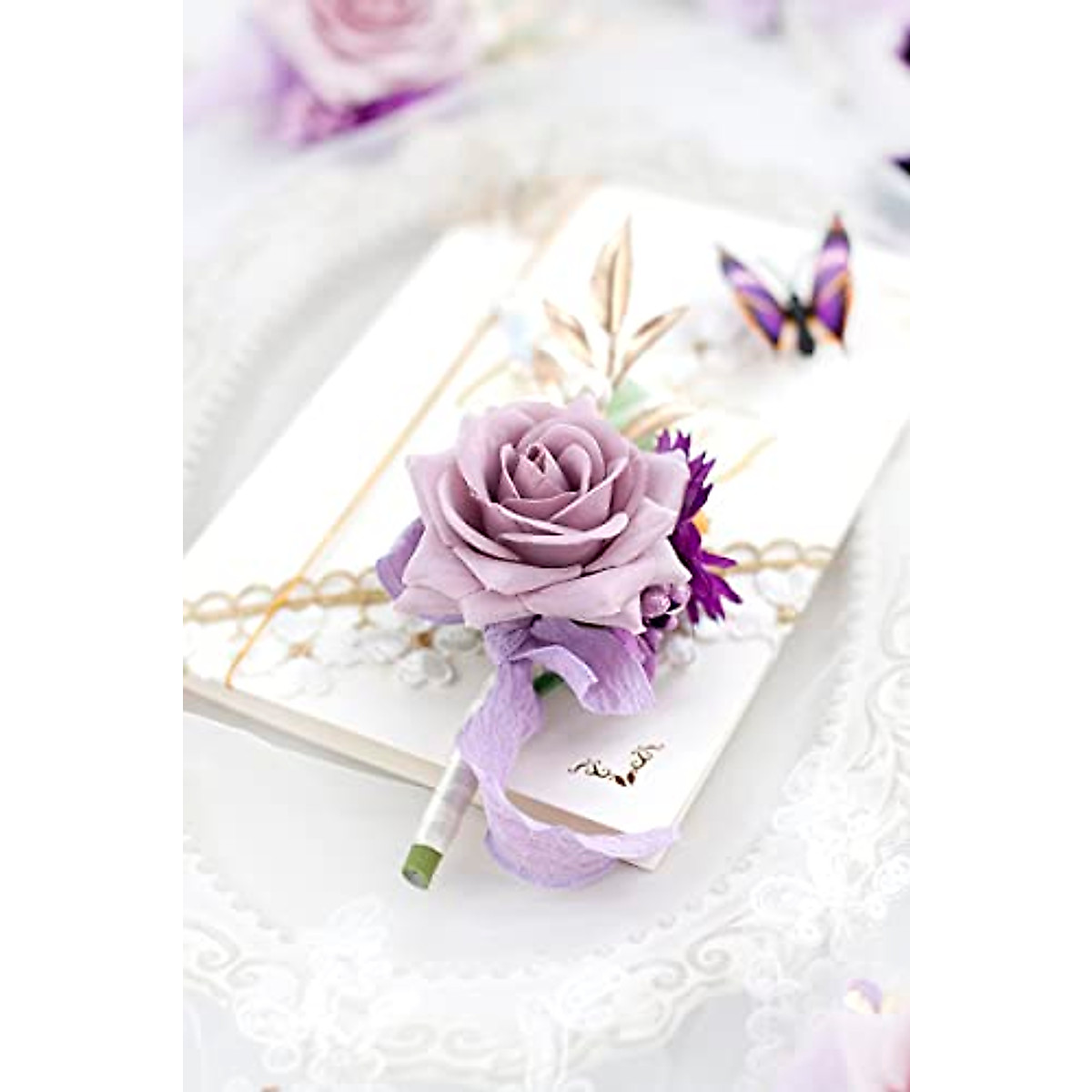 Ansofi Purple Corsage and Boutonniere Set, Prom Artificial Flower Wrist Corsage Bracelets, Homecoming Corsage Wristlet, Boutonniere for Men Wedding Flowers Accessories Prom Suit Decorations