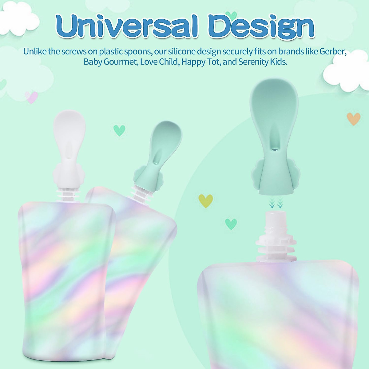 Leak-Proof Silicone Food Pouch Squeeze Spoon - No-Spill, Easy Attach Silicone Tops for Infants, 4-Pack