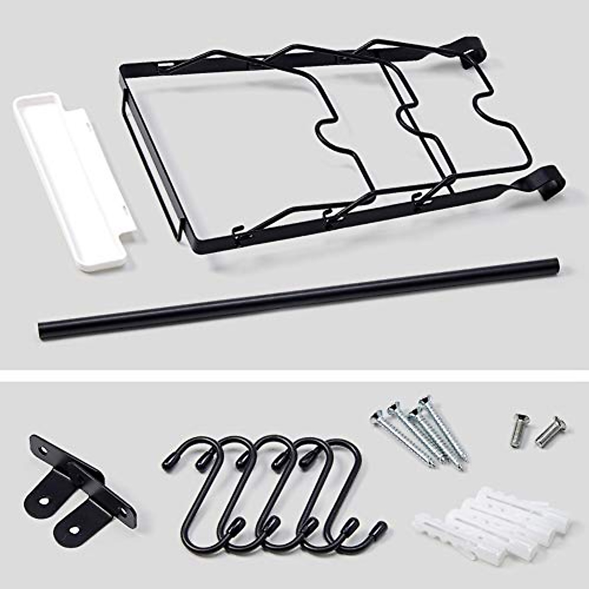 EZOWare Hanging Pot Lid Organizer Holder Rack with Drainboard Set, Includes 23.6 inch Kitchen Wall Mounted Rail Rod with 5 S Hooks for Utensils Pots Pans Lids - Black