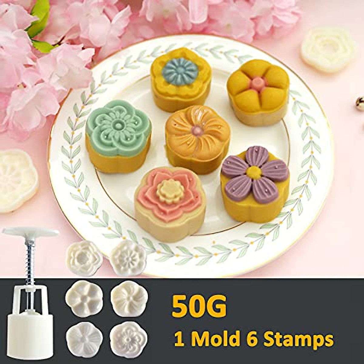 Mooncake Molds Set, Mid-Autumn Festival Hand-Pressure Moon Cake maker 6 pcs for baking, DIY Hand Press Cookie Stamps Pastry Tool(1 Mold, 6 Stamps). (50G)