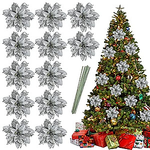 Vanleonet 12 PCS Christmas Glitter Artificial Poinsettia Flowers, Christmas Flowers Decorations, Glitter Poinsettia Tree Ornaments for Christmas Wreath Wedding Xmas Tree New Year Decorations