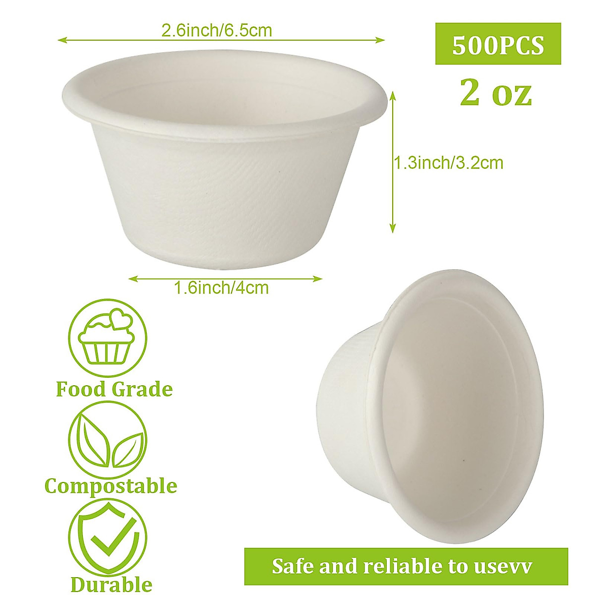 HNBun 500pcs 2oz Disposable Bagasse Fiber Souffle Cups, Natural Compostable Portion Cups Mini Food Sample Cups Tasting Cups for Condiment,Food Tasting,Medicine, White