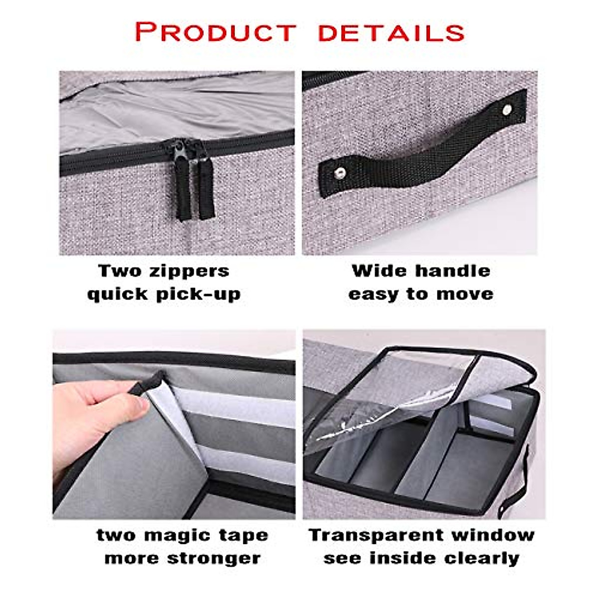 AARAINBOW 2 Packs Foldable Under Bed Clothes Organizer with Lids, Underbed Storage Container with Adjustable Dividers, UnderBed Storage Bins with Handles and Clear Window (Gray+Light Gray)