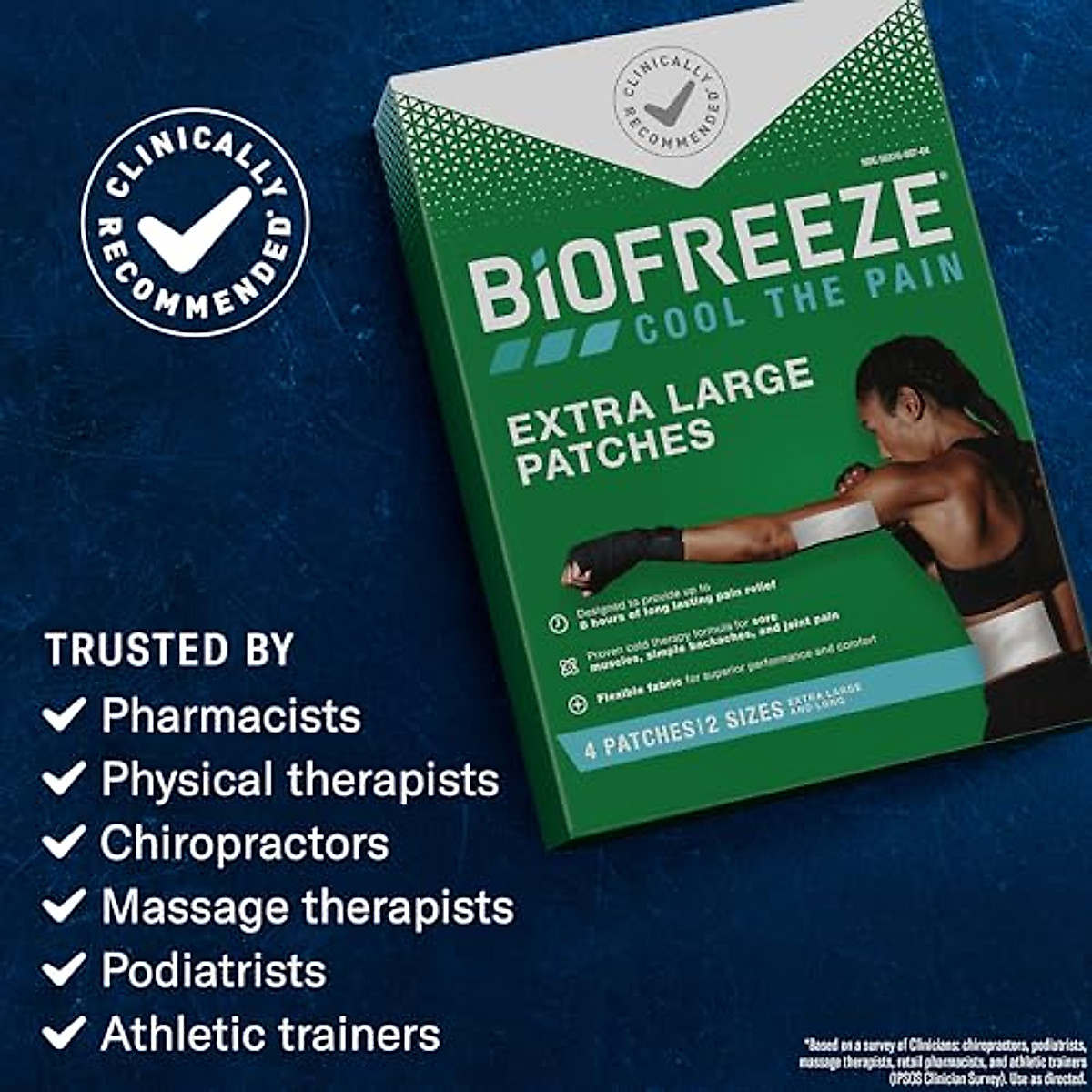 Biofreeze XL Patches Menthol Pain Relieving Patches (4/Box) 2 Sizes Up To 8 Hours Of Long Lasting Pain Relief Of Sore Muscles, Arthritis, Simple Backaches, And Joint Pain (Packaging May Vary)