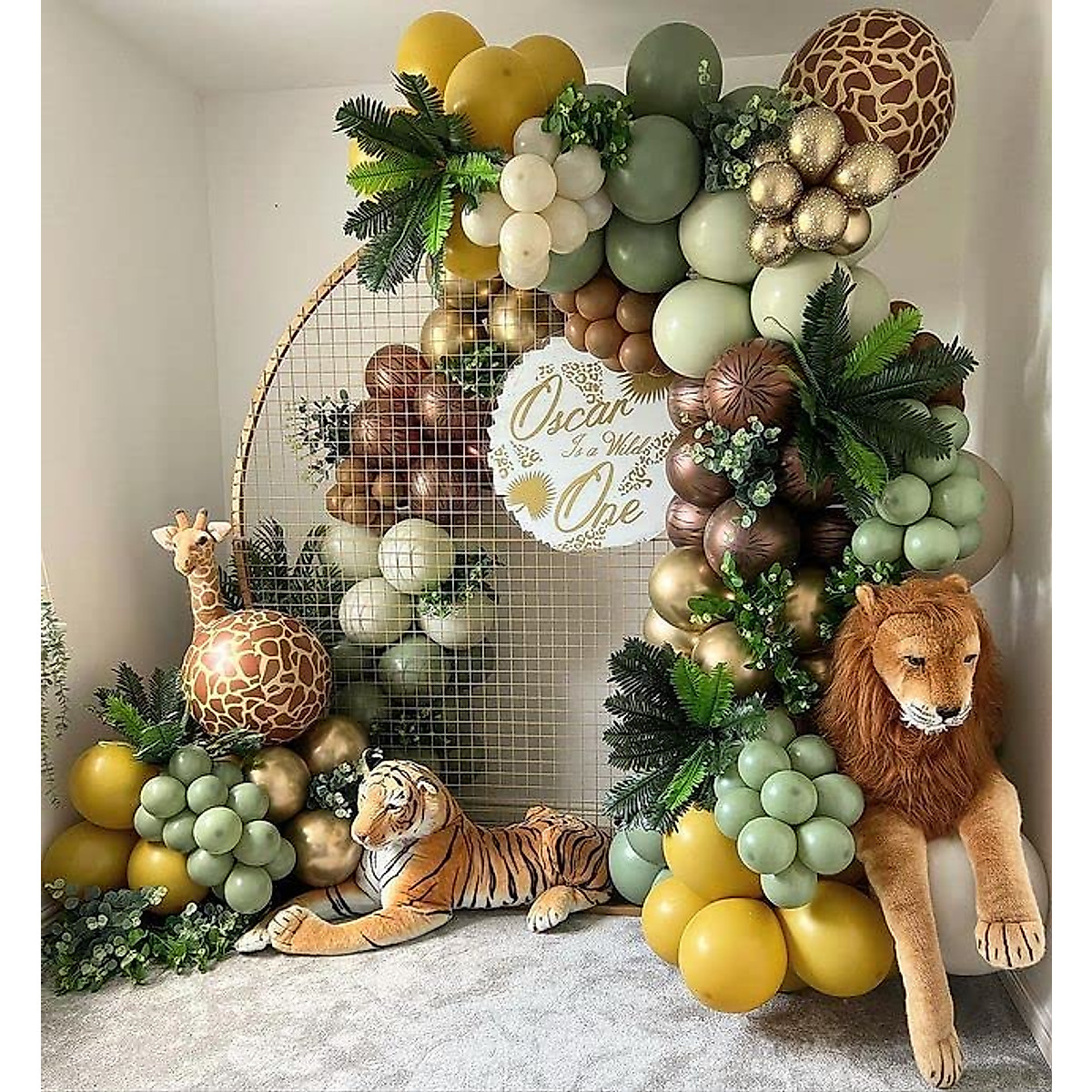 134Pcs Safari Jungle Balloon Garland Arch Kit- Sage Olive Green and Brown Balloons for Wild One Dinosaur Theme Party Supplies with Animal Print and Metallic Gold Ivory Tan Balloons for Boy Girl Lion King First Bithday Woodland Baby Shower Wedding Graduati