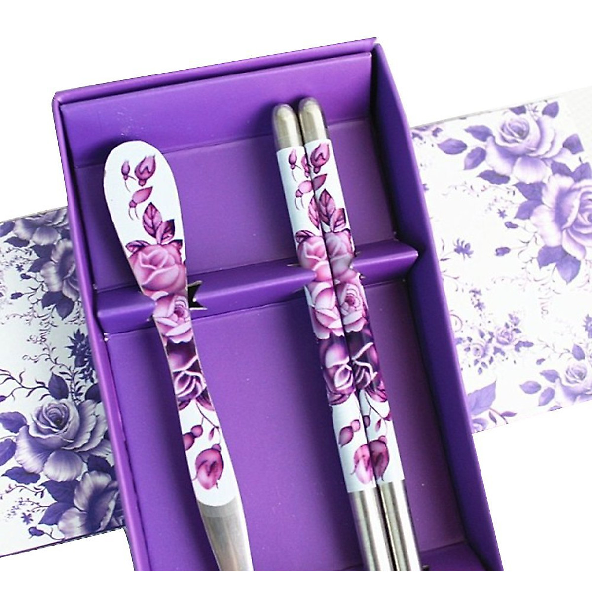 HugeStore Chinese Purple Rose Stainless Steel Chopsticks and Spoon Set