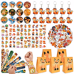 BOIKOKY 110Pcs Fox Birthday Decorations Fox Party Favors with Slap Bracelets Keychain Temporary Tattoo Stickers Badges Gift Bags for Kids Woodland Baby Shower Jungle Safari Party Supplies