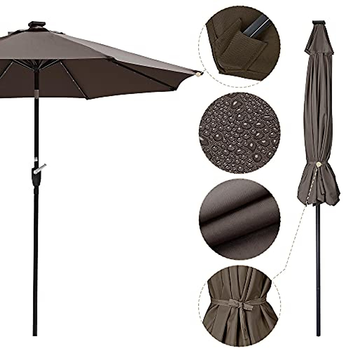 Yescom Solar Umbrellas Patio Umbrella 9 FT LED Umbrellas 32LED Lights Tilt and Crank Outdoor Table Umbrellas Chocolate