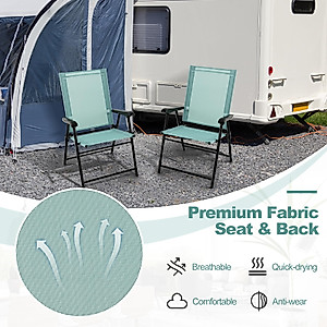 Tangkula Patio Folding Chairs Set of 2, Outdoor Sling Chairs with Breathable Fabric Back & Seat, Portable Dining Camping Chairs for Poolside, Yard, Garden, Deck, Lawn, Beach (Mint Green)