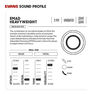 Evans EMAD System Pack, 22” (2pc) – Includes Batter Bass Drumhead and Resonant Drumhead -Externally Mounted Adjustable Damping System Allows Player to Adjust Attack and Focus Without Removing Drumhead