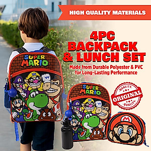 Nintendo Super Mario Bros Backpack with Lunch Box Set for Boys & Girls, 16 inch, 4 Piece Value Set