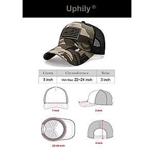 Uphily Army Camo US American Flag Trucker Cap - Camouflage Mid Profile Curved Bill Patriotic Mesh Dad Hat for Men or Women