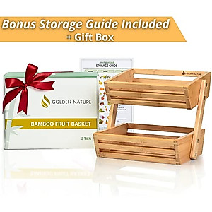 Golden Nature Bamboo Fruit Basket - 2 Tier Fruit Basket, Fruit Baskets For Kitchen Counter, Fruit Bowl, Fruit Stand, Banana Holder - Fruit Holder for Potato Storage, Onion Storage, Fruit & Veg Storage