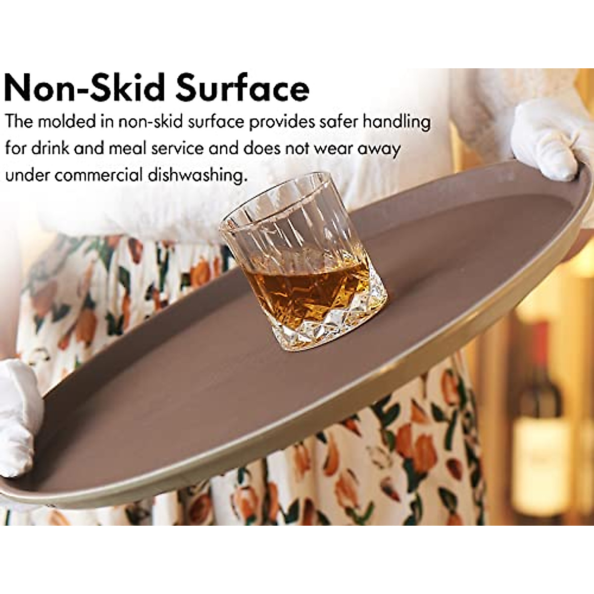 CURTA 2-Pack Restaurant Grade Non-Slip Tray, NSF, 16 Inch, Plastic Rubber Lined Anti-Skid Round Serving Tray, Brown
