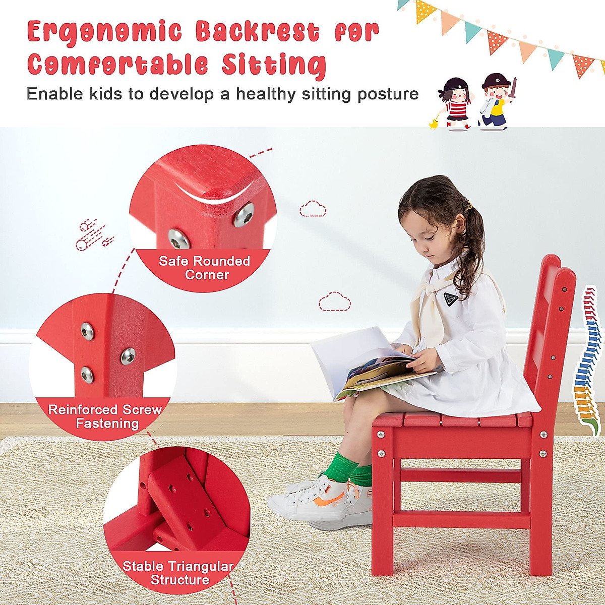 Costzon Kids Chair, 2PCS All-Weather & Heavy-Duty Children Learning Chairs w/Backrest for Playroom, Nursery, Backyard, Garden, Indoor & Outdoor Gift for Boys Girls, Waterproof Toddler Chair (Red)
