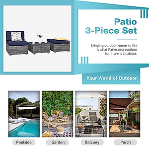 Patiorama 3-Piece Patio Furniture Set, Outdoor Sectional Sofa, All-Weather Grey PE Wicker Rattan Conversation Set, Outdoor Couch Loveseat Sofa w/Coffee Table for Deck Balcony Pool(Navy Blue Cushion)