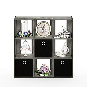 Furinno 13207GY/BK Simplistic 9-Cube Organizer with Bins, French Oak Grey/Black