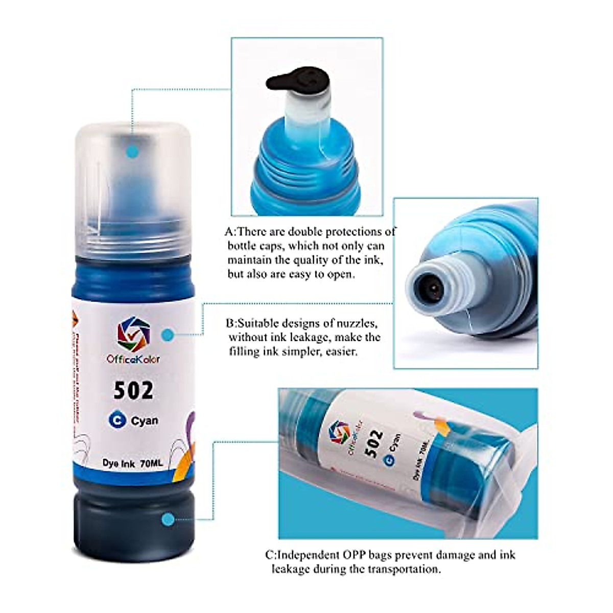 OfficeKolor 6 Pack Ink Refill Bottles Replacement 502 T502 Compatible for Ecotank ET-2750 ET-4700 ET-3750 ET-4750 ET-3760 ET-4760 ET-2700 ET-3700 ET-15000 ST-2000 ST-3000 ST-4000 Inkjet Printers