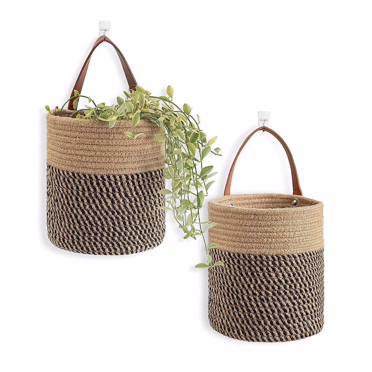 Goodpick 2pack Jute Rope Hanging Basket - 7.87" x 7" Small Woven Fern Wall Hanging Basket Flower Plants, Jute Woven Basket Key Storage Basket, Black and Jute