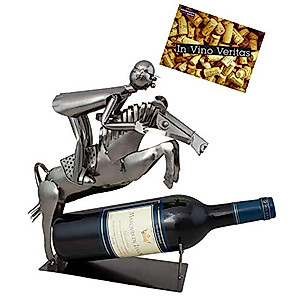BRUBAKER Wine Bottle Holder 'Horseback Riding' - Table Top Metal Sculpture - with Greeting Card