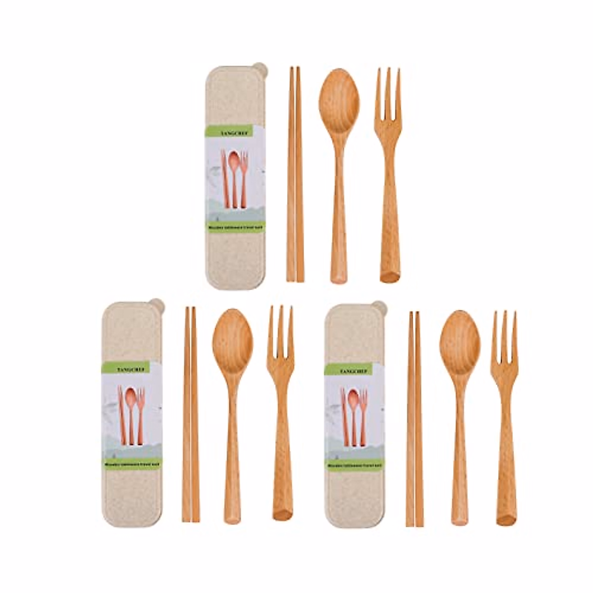 9 Pieces Wood Flatware Set Japanese Style Utensils Wooden Tableware Spoon Travel Cutlery Chopsticks Fork for Eating Portable High Heat Resistant Kitchen Home Camping Picnic School Students