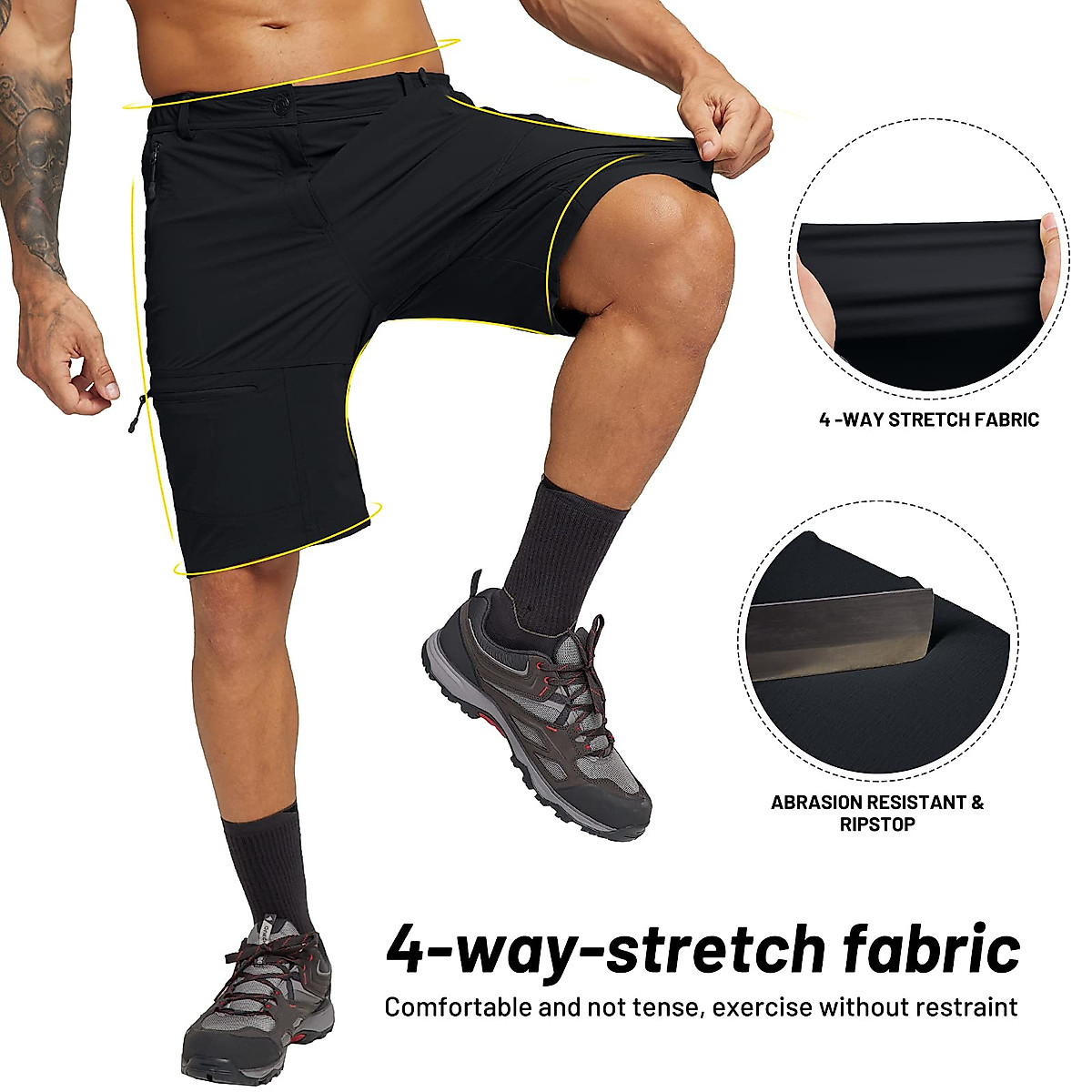 MIER Men’s Quick Dry Hiking Shorts Lightweight Nylon Stretch Outdoor Trail Shorts, 5 Zipper Pockets, 32, Black