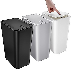 3 Pack Small Bathroom Trash Can with Lid - 10L/2.6 Gallon Slim Garbage Bin, Dog Proof Trashcan, Plastic Wastebasket for Kitchen/Bedroom/Office/Dorm, Fits Under Sink/Desk/Cabinet (Black&White&Grey)