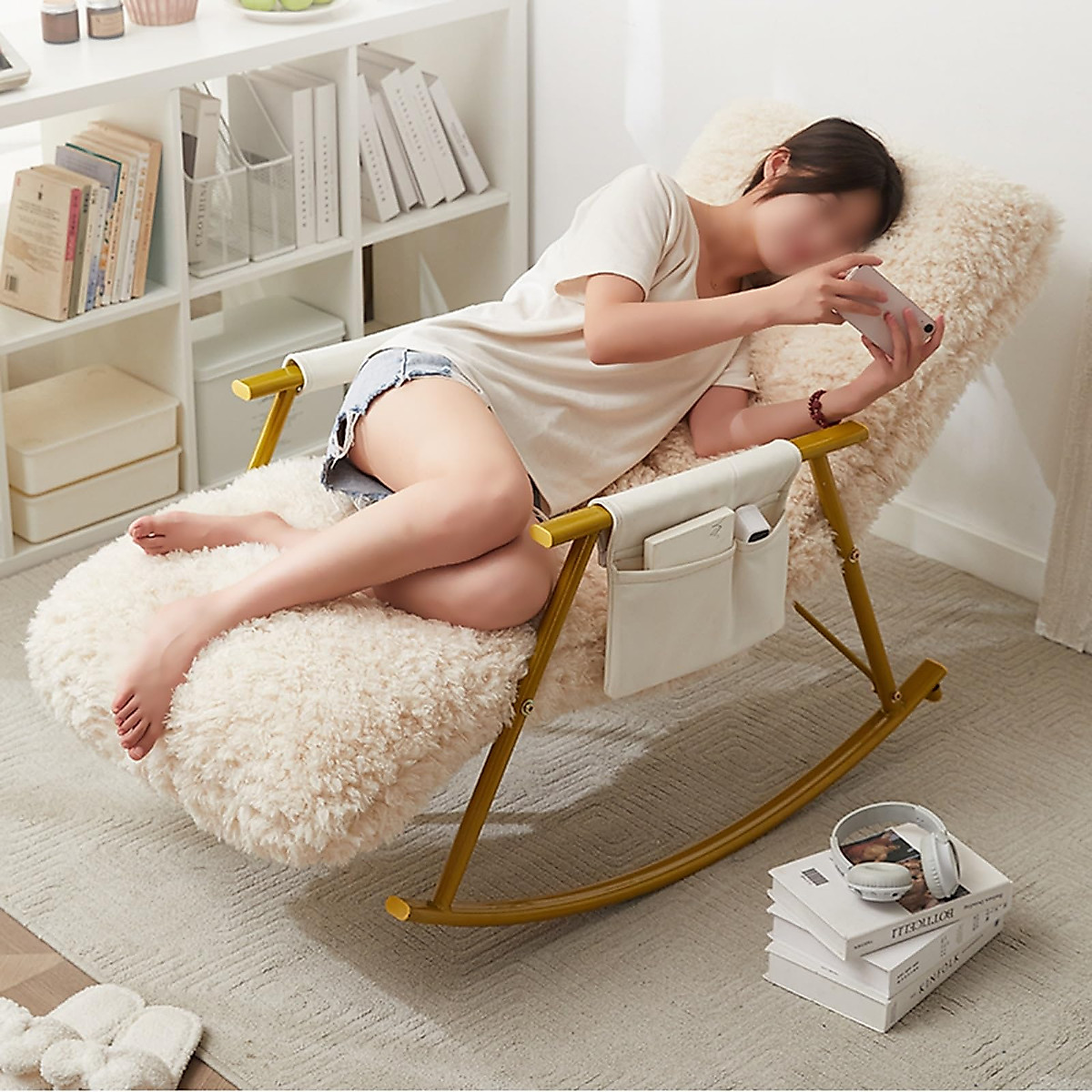 YNAYGDIUGD Upholstered Glider Rocker Chair,Outdoor Rocking Chair with Armrests,Patio Rocking Chair with Side Pockets,for Living Room, Hotel, Bedroom, Beige (Color : Gold)