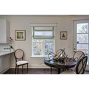 LOGANOVA Flat Roman Shade Chevalle Pine. Three sides light green border on white background. Includes valance and chain mechanism. Custom made.