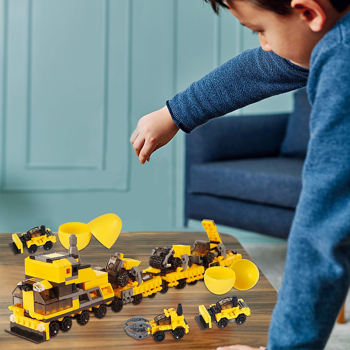 ATDAWN 12 Pcs Prefilled Easter Eggs with Construction Vehicles Building Blocks for Easter Basket Stuffers, Easter Egg Hunt, Easter Party Favors