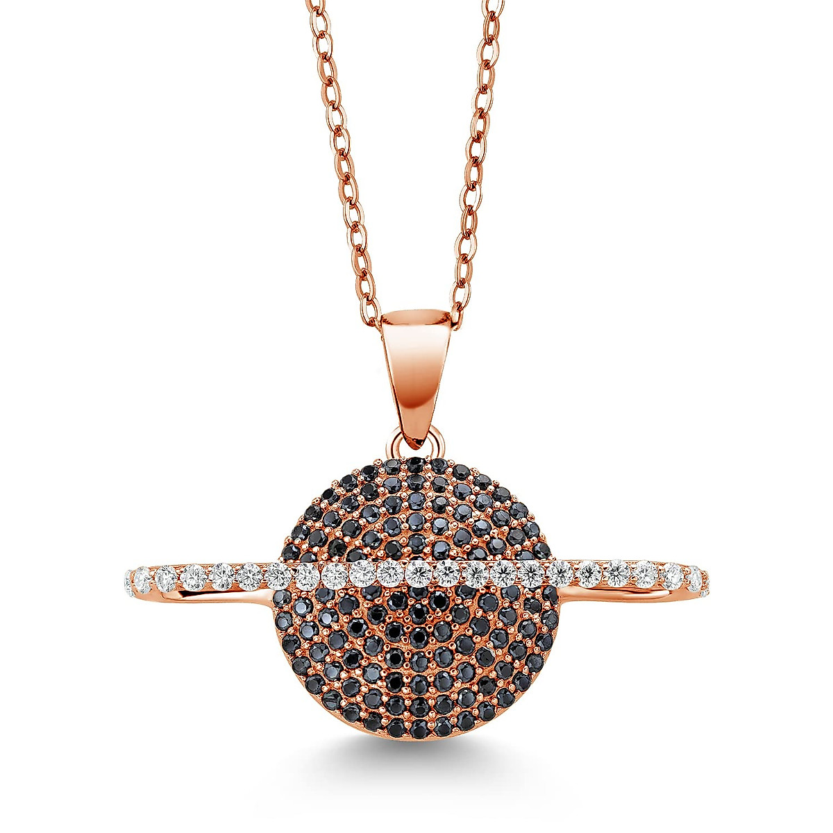 Gem Stone King Keren Hanan Planet Saturn Energy 18K Rose Gold Plated Silver White Moissanite and Black Spinel Pendant Necklace For Women (1.12 Cttw, 28X14MM, with 18 Inch Silver Chain)