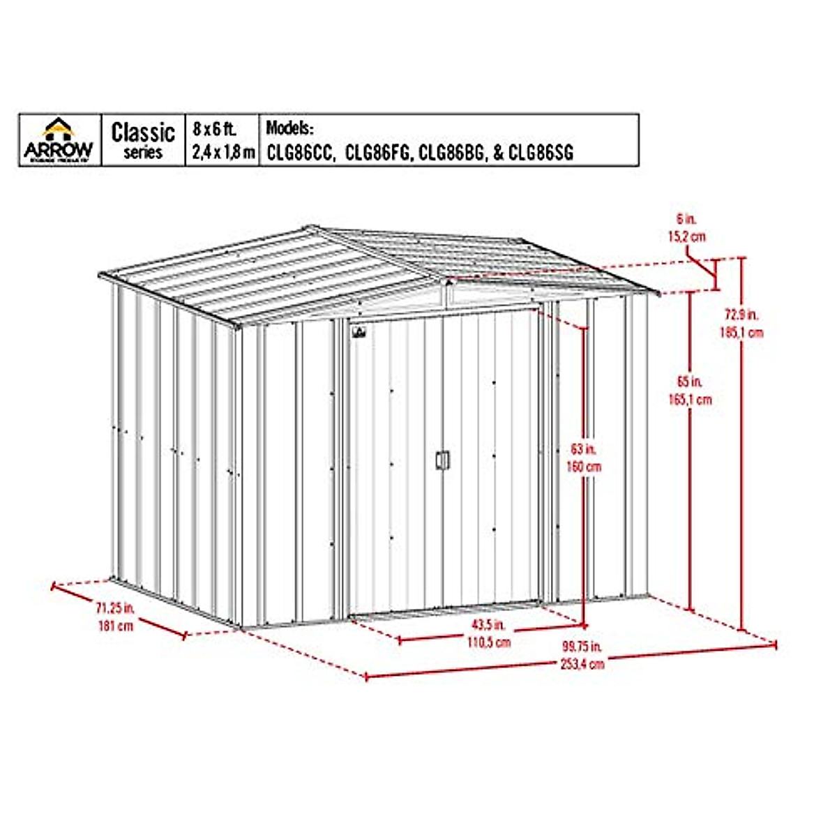 Arrow Classic 8' x 6' Outdoor Padlockable Steel Storage Shed Building, Flute Grey