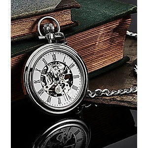 Stuhrling Original Men's Pocket Watch Stainless Steel Analog Skeleton Watch Hand Wind Mechanical Movement Stainless Steel Chain